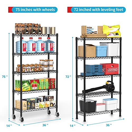 Hodonas 5-Tier Storage Shelves with Wheels, Freestanding Metal Shelves for Storage Wire Shelving Unit Storage Shelf, Metal Shelving Rack for Pantry Garage Kitchen Storage, Black, 36"W x 14"D x 75"H …