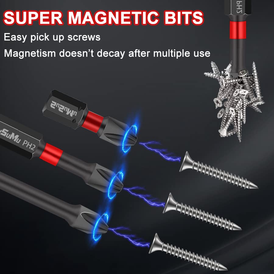 4 inch Magnetic Impact Phillips Bit #2 Insert Bits Anti-Slip Long Phillips Screwdriver Bits Magnetic PH2 1/4 Inch Hex Shank Cross Impact Driver Bit with Case for Power Drill (6PC,100mm)