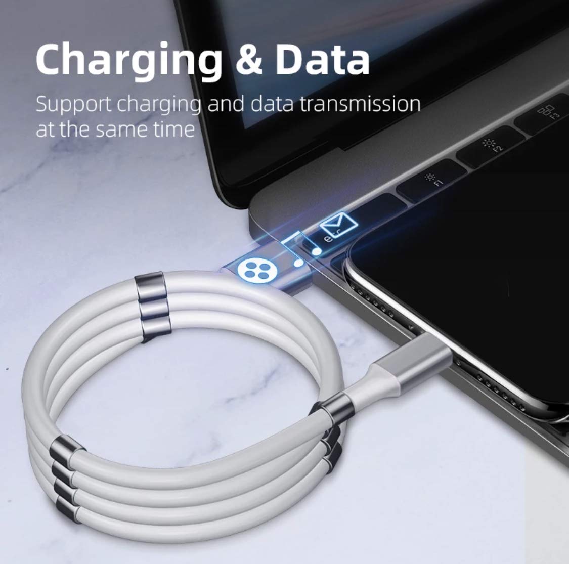 New Magnetic Charging Cable USB-Lighting New Winding Technology Very Organized 3ft Long Fashionable 3A Fast Charging Data Transfer Cord (Lighting)