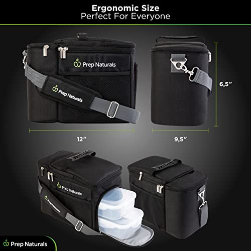 Insulated Lunch Box For Men - Meal Prep Lunch Bag Women/Men. Small Cooler Bag Includes 3 Lunch Containers and Ice Packs. Adjustable shoulder strap. By Prep Naturals