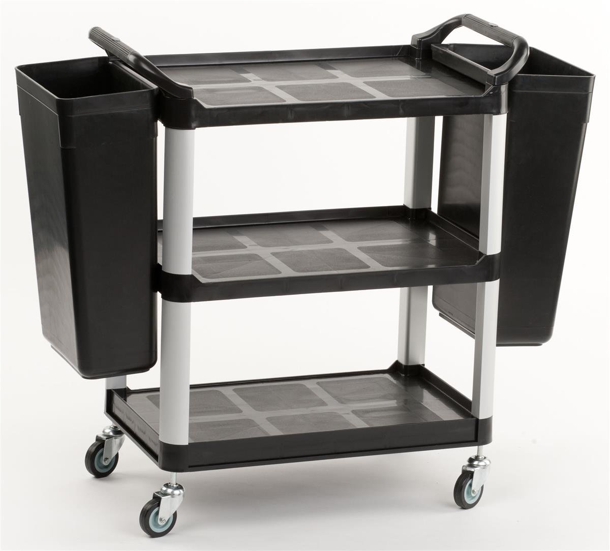 3-Tiered Bus Cart with 2 Rubbish Bin Attachments, 2 Side Handles and Swiveling Wheels, Aluminum & Plastic (Black) - Small