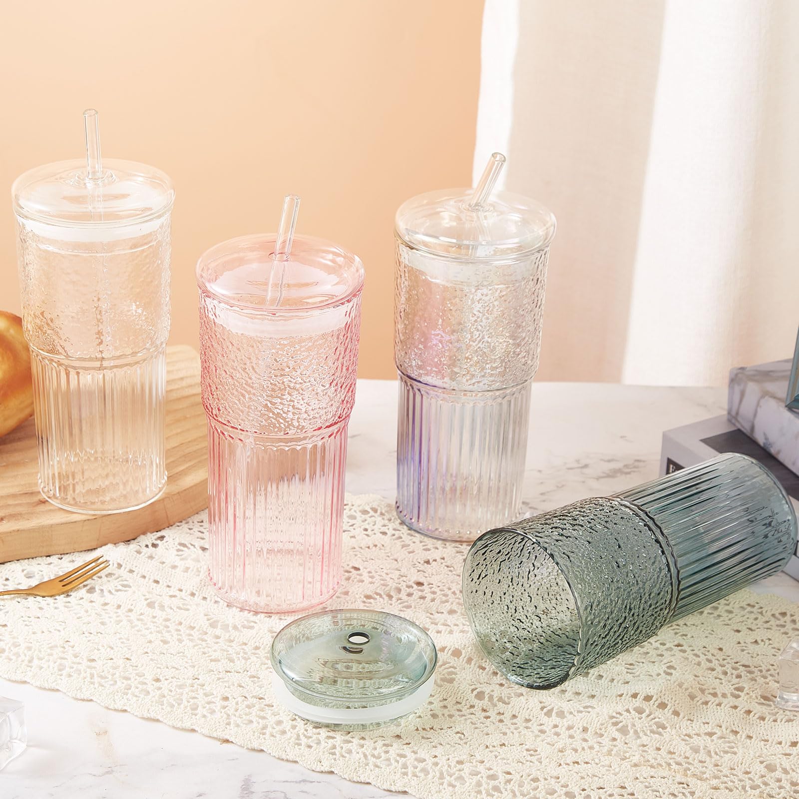 GOSCHE Glass Cups with Straws and Lids 2Pcs, 20oz Glass Cups Drinking Jar, Clear Iced Coffee Cups, Vintage Ripple Glassware for Water Coffee Tea, Clear