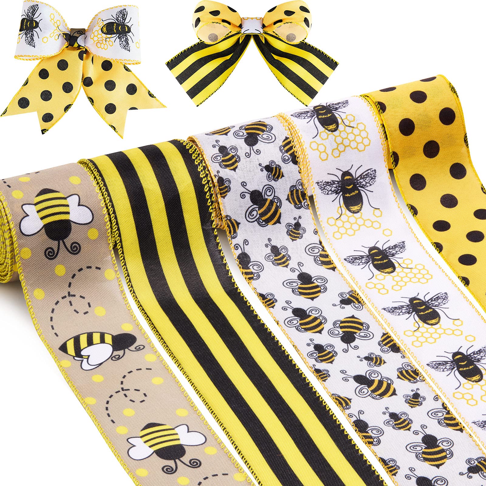32 Yard Bumble Bee Wired Edge Ribbon Polka Dot/Stripe/Plaid Wired Edge Ribbon Vertical Stripe Craft Ribbon Bumble Bee Ribbon Home Decor-5 Rolls for Wrapping, Easter Party Decoration, Hair Bows