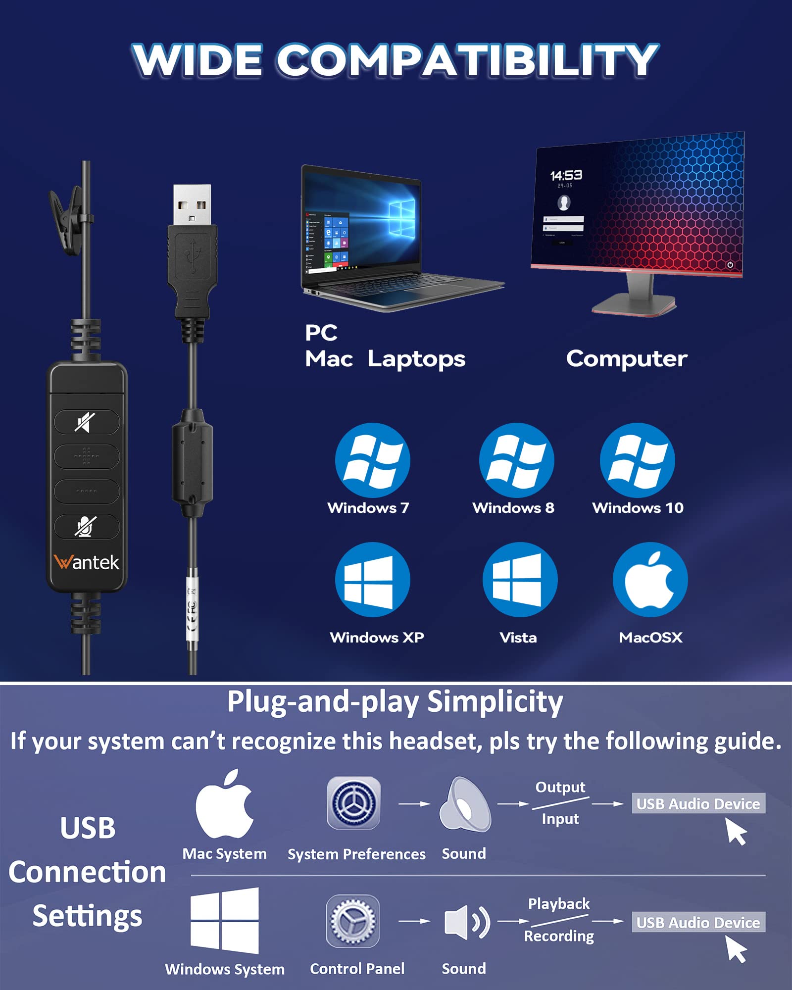 Wantek Corded USB Headset with Microphone Noise Cancelling & in-line Controls, Computer Headphones for Laptop PC Skype Zoom Webinar Classroom Home Office Business, Clear Chat, Ultra Comfort(UC602)