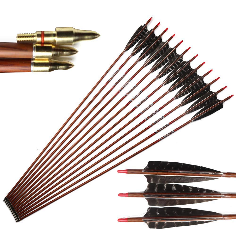 32" Carbon Arrows 400 Spine Wood-Like Arrow with 5" Real Feather Fletchings Removable Field Tips for Archery Target Practice Hunting Compound Recurve Bow Longbow 6 Pack