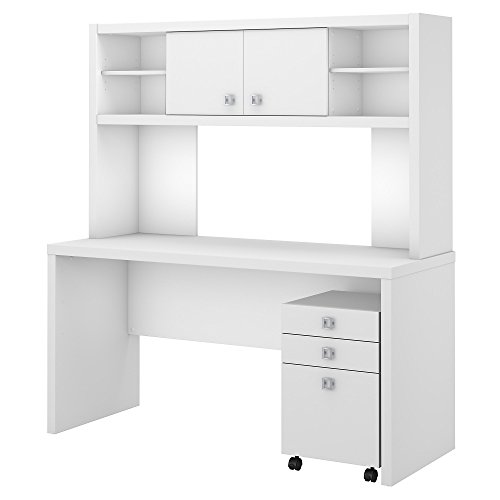 Bush Business Furniture Echo Credenza Desk with Hutch and Mobile File Cabinet, Pure White