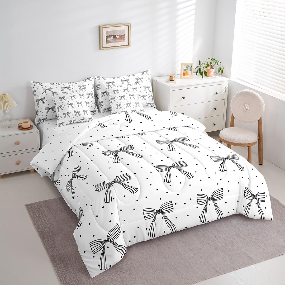7 Pieces Cute Bowknot Girlish Comforter Full Size,Cartoon Bow-tie Princess Bedding Set,Geometric Dots Zebra Stripes Black White Simple(Comforter+Fitted+Flat Sheet+2 Pillowcases+2 Throw Pillow Covers)