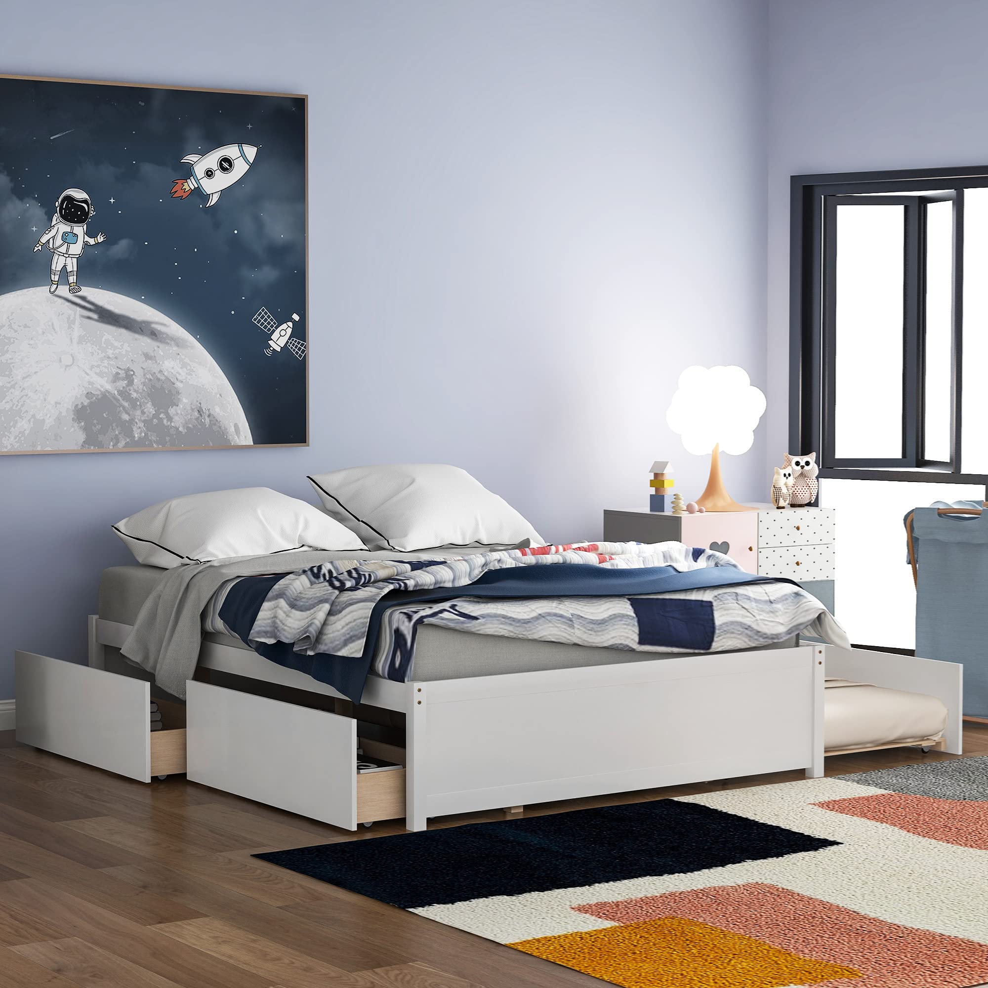 CITYLIGHT Full Bed with Trundle and Storage, Wood Platform Frame Full Bed with Trundle and Drawers, Space-Saving Full Bed for Kids, Boys, Girls, Teens, White