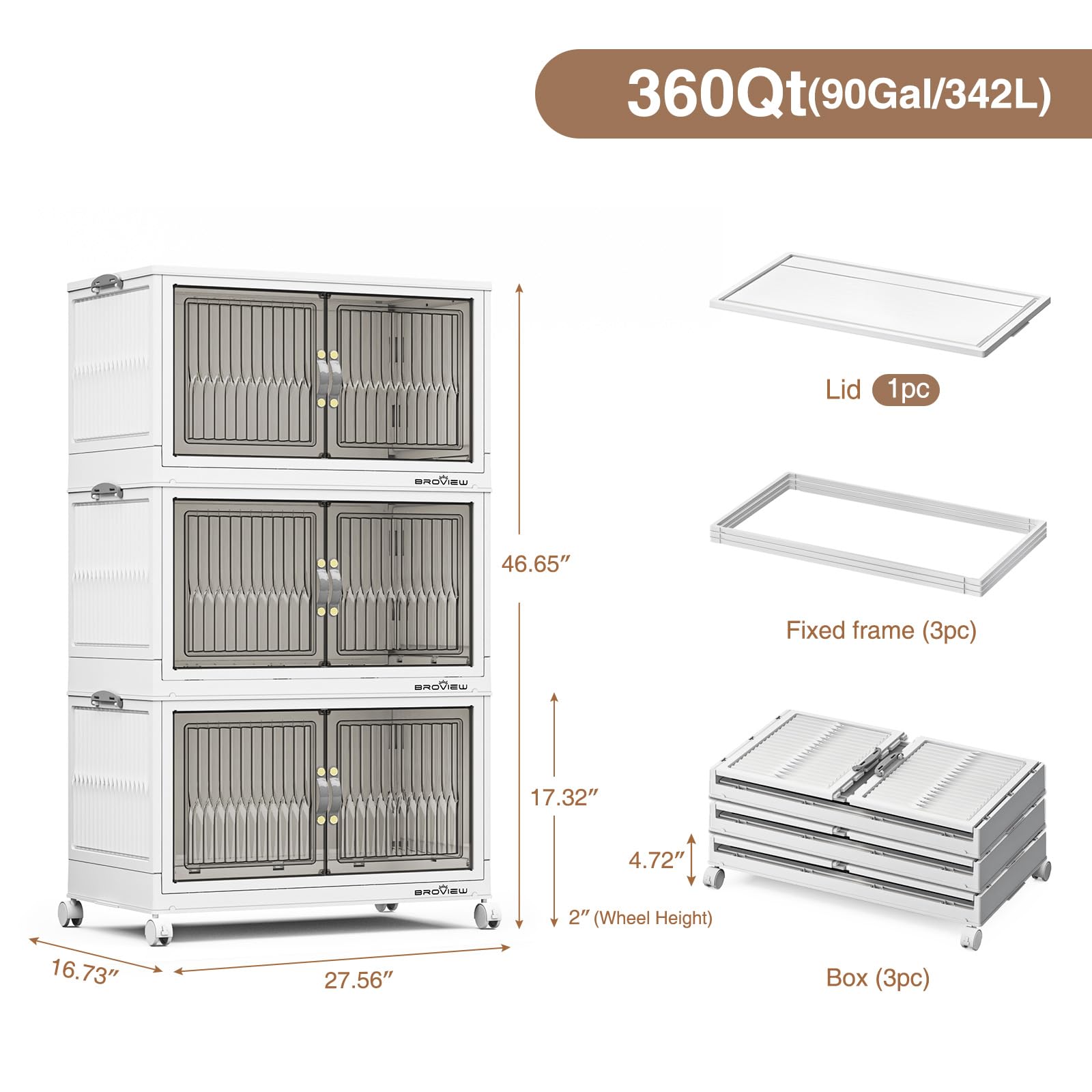 BROVIEW 120 Qt Stackable Storage Bins with Lid, Closet Organizer and Storage Drawers, Collapsible Storage Box with Wheels, Plastic Clothes Storage Cabinet Cubes Shelves Home Organization, 3Pack White