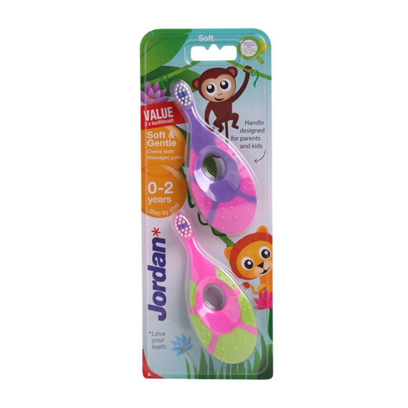 Jordan Step 1 Baby Toothbrush for Age 0-2 Years Old Toddler Toothbrush with Extra Soft Bristles & Soft Biting Ring for Babies Gums and Easy Grip (Pack 2 Units)