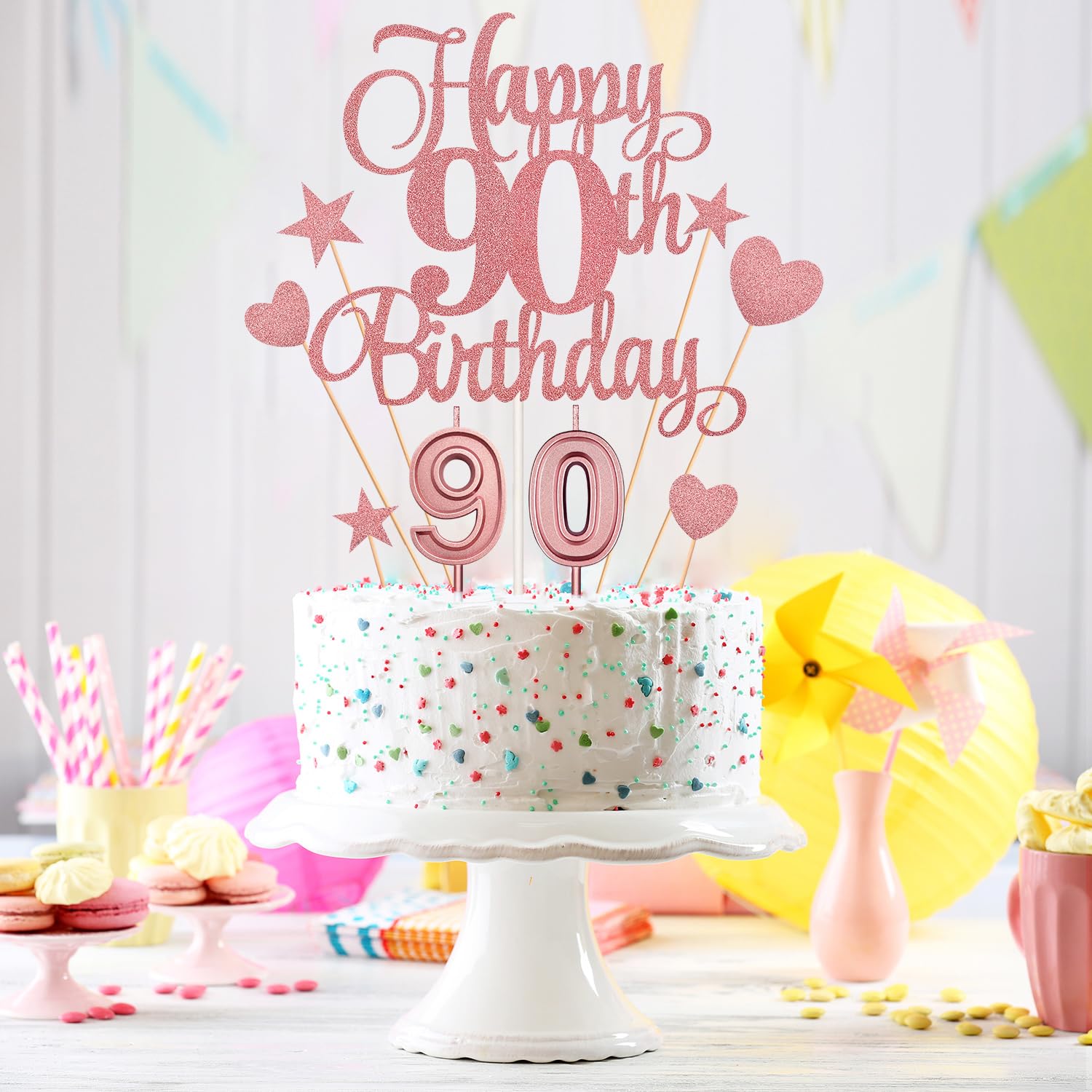 90th Birthday Cake Decorations Set Include 90th Birthday Candles Numeral 90 Cake Candles and Happy 90th Birthday Cake Toppers with Heart Star Cupcake Picks for Birthday Party (Rose Gold Series)