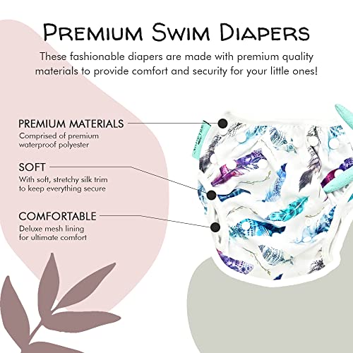 Reusable Swim Diapers for Babies, Infants & Toddlers - Adjustable Girls Swimming Diaper 0-2 Years, Eco-Friendly Washable with Snaps β Floral & Tribal Feather β 2 Pack by Will & Fox