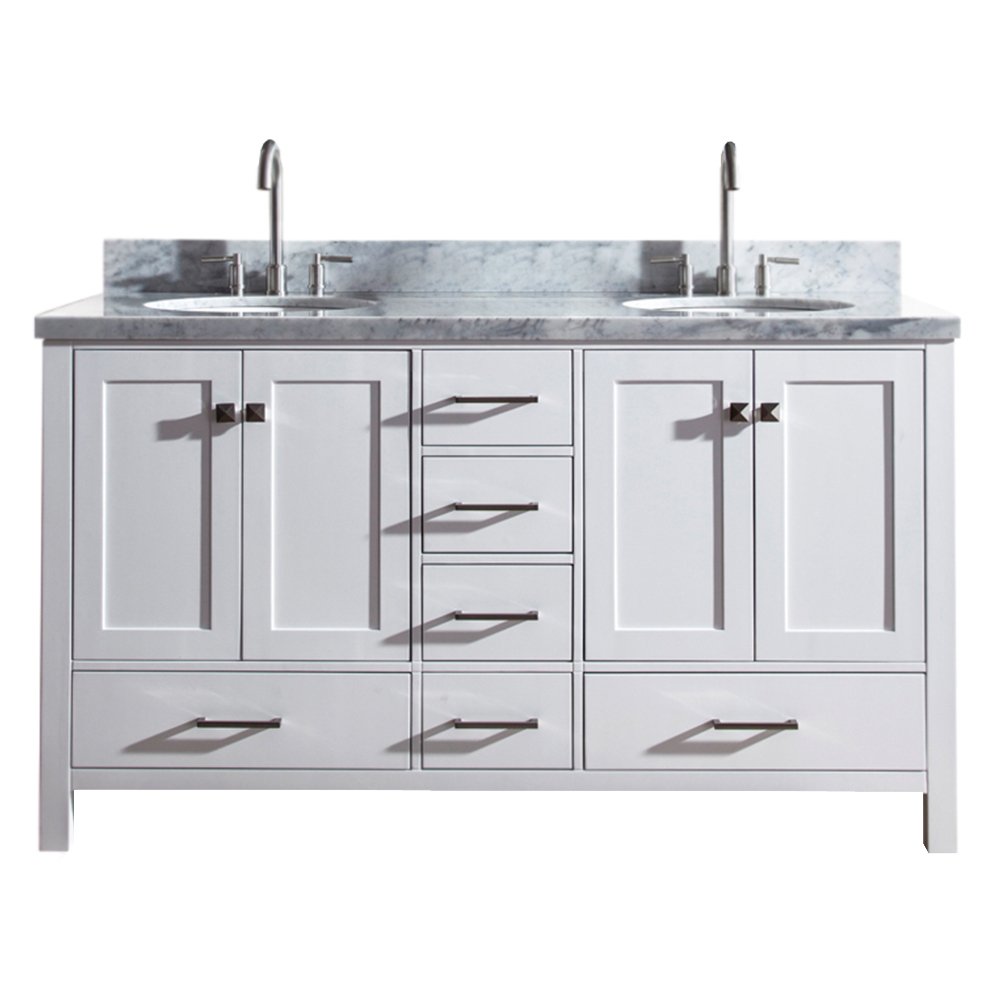 ARIEL Cambridge A061D-VO-WHT 61" Inch Double Oval Sink Solid Wood White Bathroom Vanity with 1.5" Inch Edge Carrara Marble Countertop