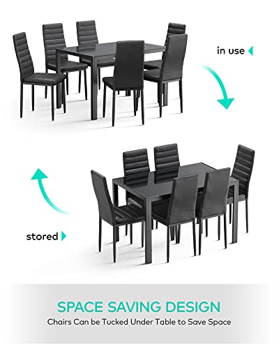 Bealife Kitchen Dining Table Set for 6, Tempered Glass 7 Piece Table and Chairs Set Modern for Home, Kitchen, Living Room, Dining Room,Black