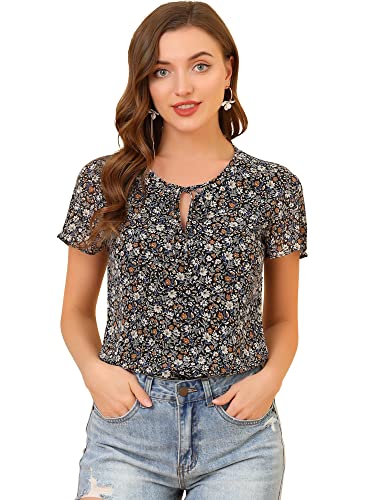 Allegra K Floral Blouse for Women's Short Sleeve Ruffled Tie Neck Blouse Small Black