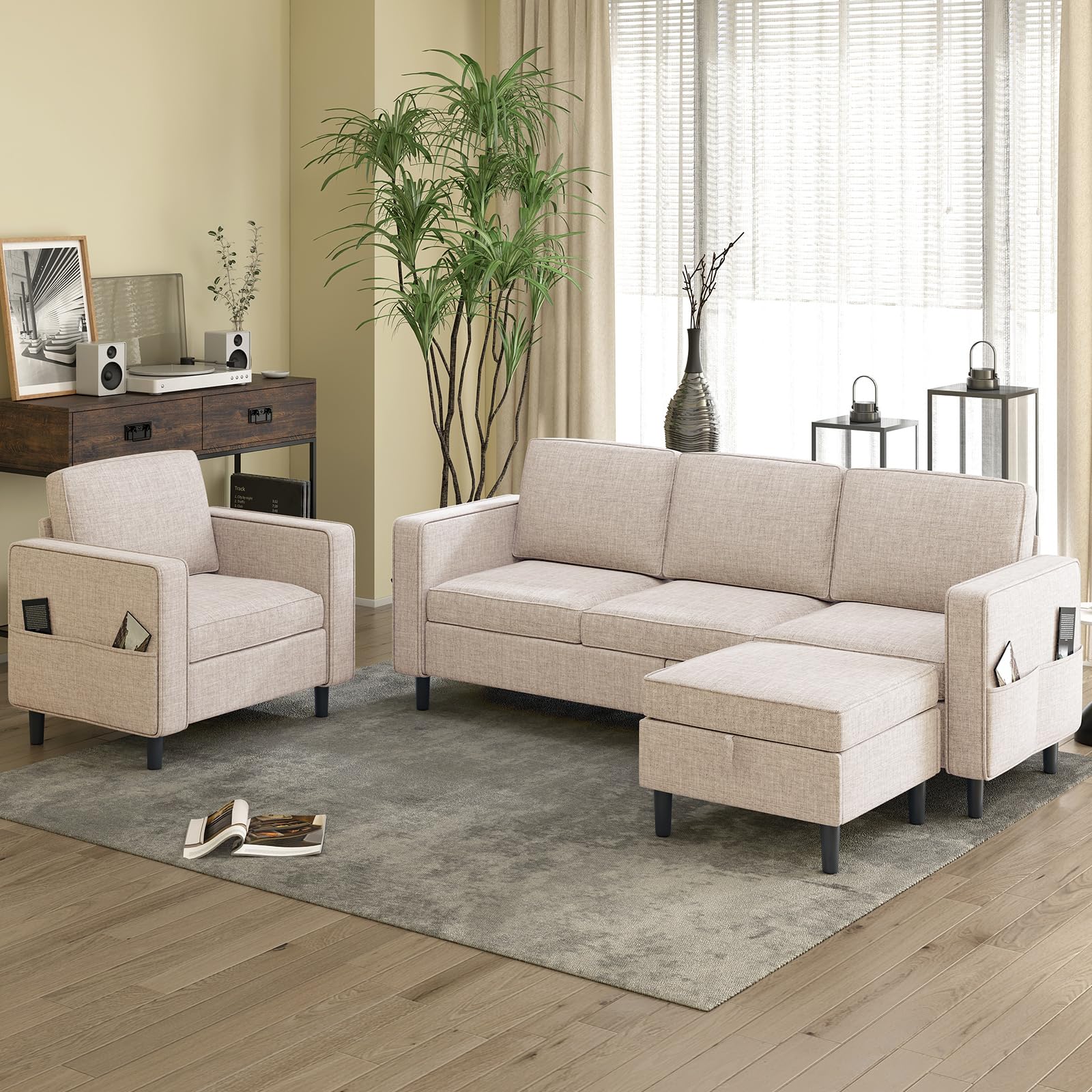 PUREMIND Modular Sectional Sofa Couch for Living Room, 78" 3-Seat Convertible Sofa with Storage Ottoman, Modern Linen Fabric L-Shaped Couch for Small Spaces, Bedroom, Apartment (Beige)…