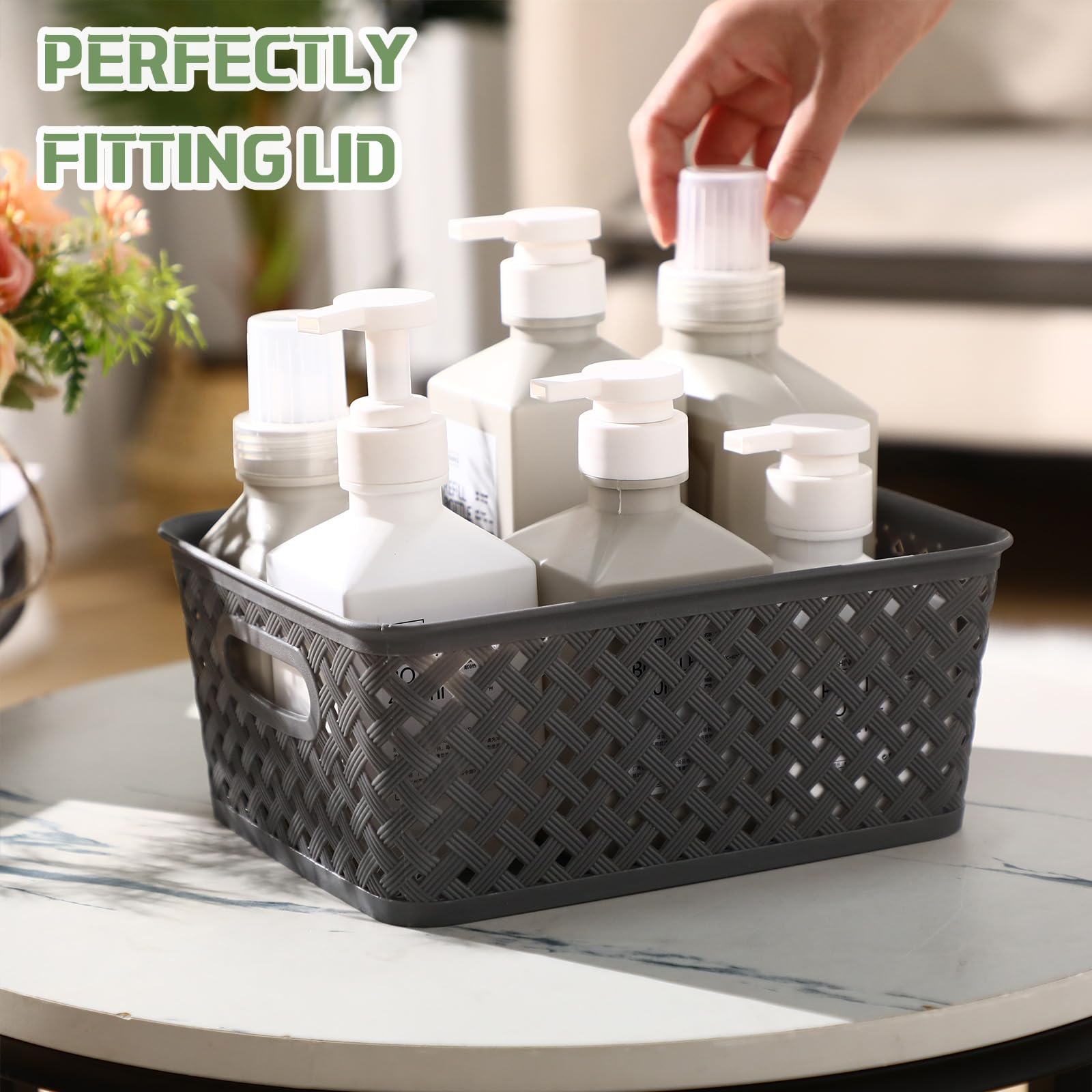 FoldTier 6 Pack Plastic Storage Baskets Stackable Organizing Container Knit Storage Organizer Bins for Shelves Drawers Cabinet Desktop Closet Playroom Classroom Office (Beige,Medium)