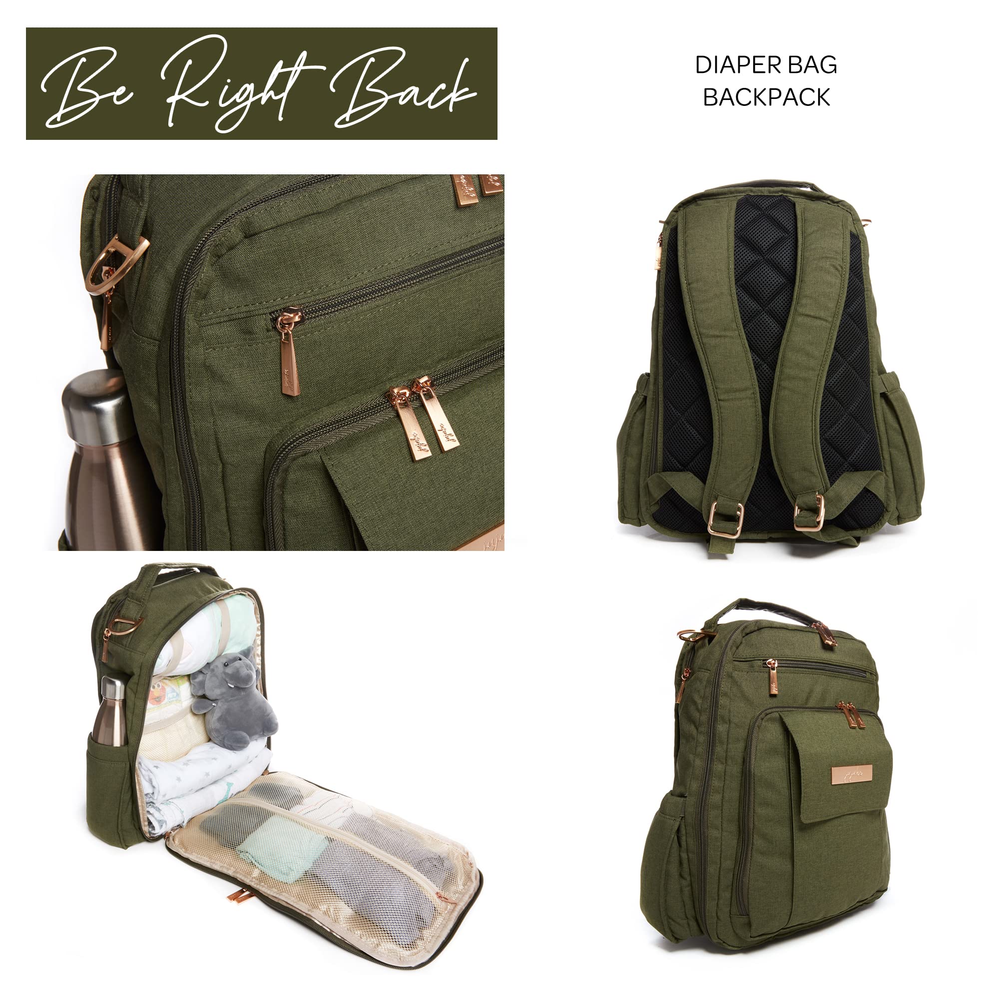 JuJuBe Diaper Bag, Travel Backpack with Portable Changing Pad, Stroller Hooks & Pockets for Baby Bottles, Diapers, Pacifier, Wipes, Snacks, & Daily Essentials, Mommy Carrier, Be Right Back - Olive