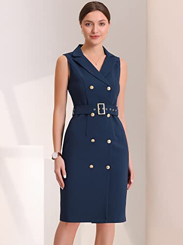 Allegra K Women's Sleeveless Notched Lapel Double Breasted Belted Work Office Blazer Dress X-Large Navy Blue