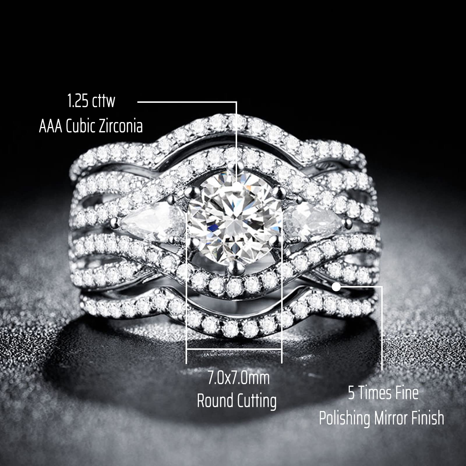 3.4Ct Bridal Wedding Ring Set for Women 14k White Gold Three Stones Engagement Rings Cz Two Bands Promise Size 6