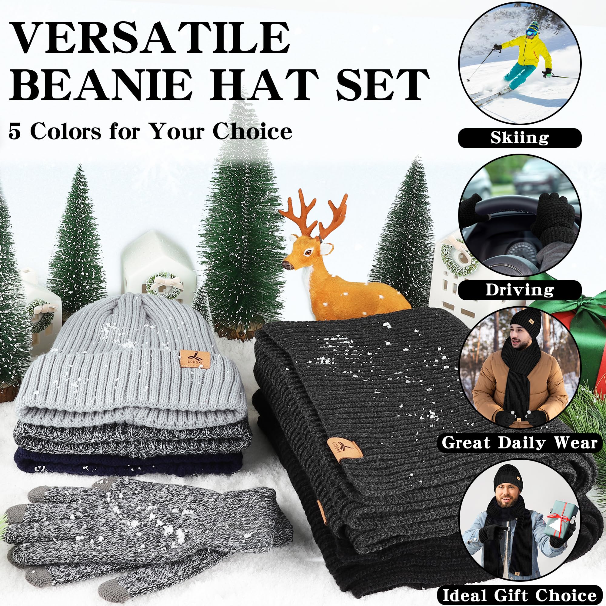 3 PCS Winter Hat Scarf Gloves Set, Soft Warm Knit Beanie Hat Touchscreen Gloves Long Knitted Scarf Set Winter Gifts for Men