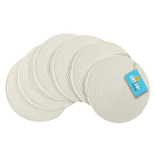 OrganiHaus White Farmhouse Placemats, Set of 6 Round Woven Placemats, Heat Resistant Circle Cotton Placemats, Rustic Outdoor Placemats for Patio Table, Washable Round Placemats for Dining Table