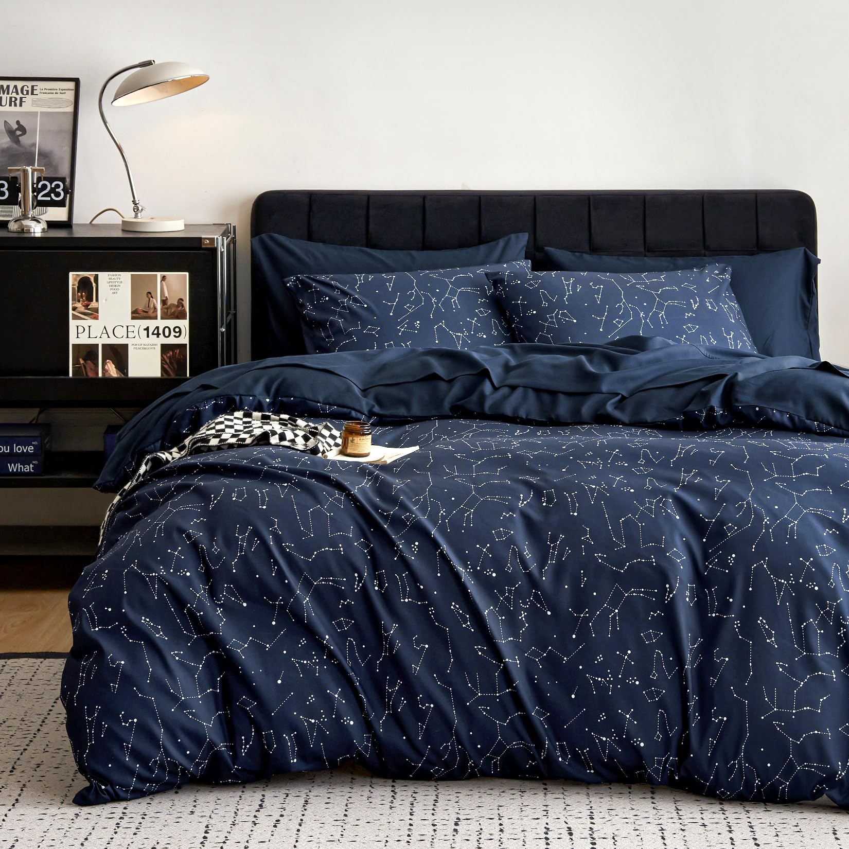 Wake In Cloud - Constellation Comforter Set with Sheets, Celestial Space Star Galaxy Astrology Lightweight Bedding for Teen Kids Boys Girls, 7 Pieces Bed in a Bag, Navy Blue, King Size