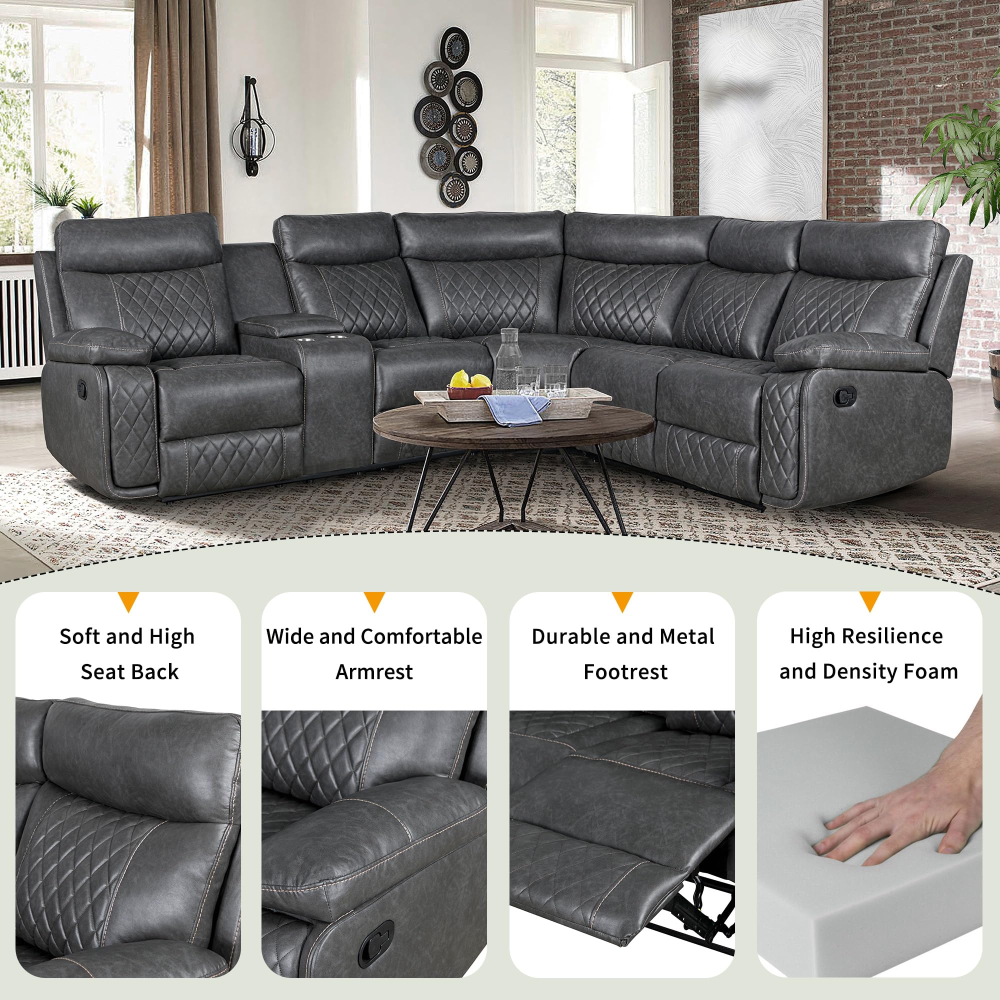 Manual PU Reclining Sectional Sofa Set, Adjustable Recliner Sofa with Cup Holder and Hide-Away Storage for Living Room