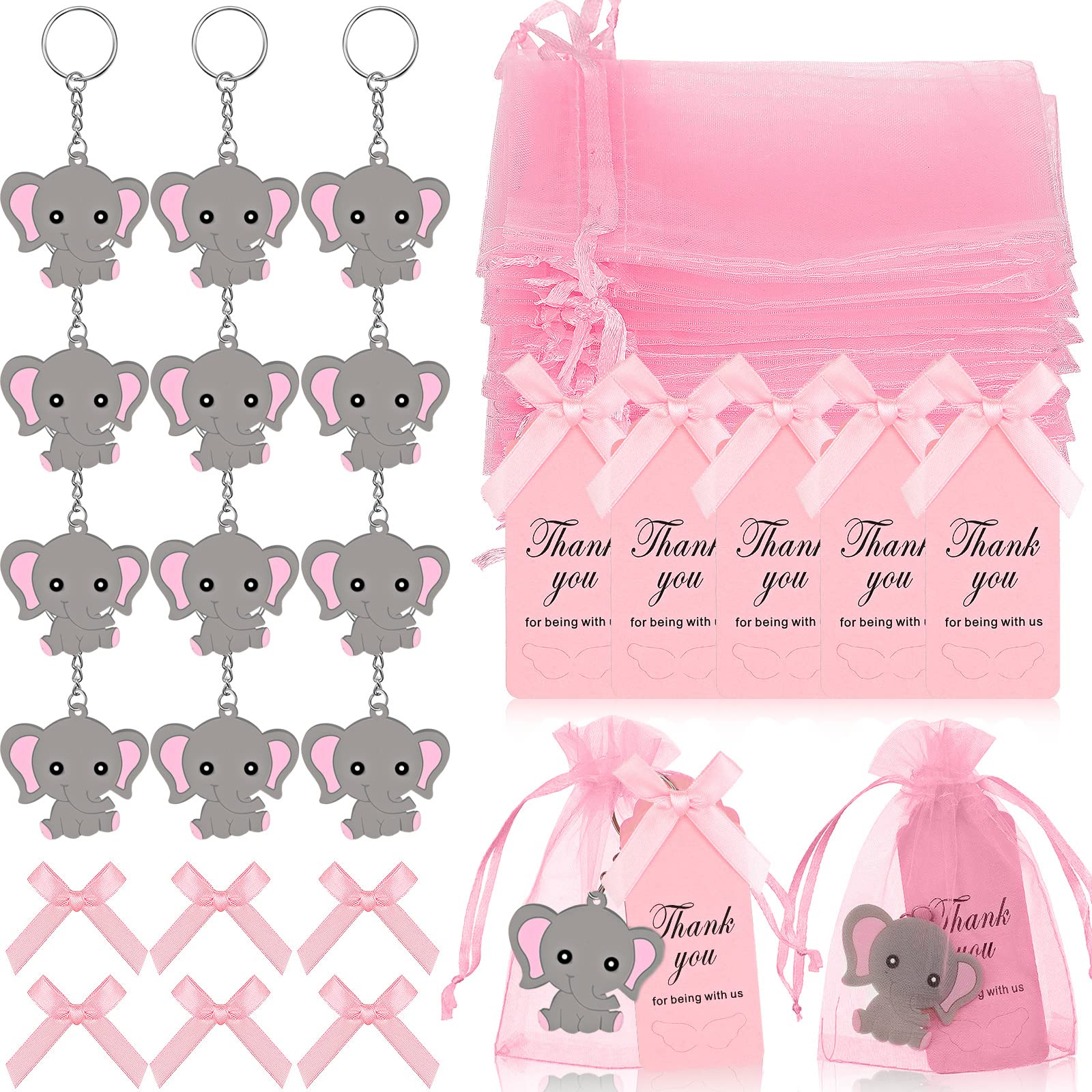 50 Sets Baby Shower Return Favors for Guests Elephant Theme Party Favors Elephant Keychains Organza Bags Thank You Tags and Bows for Girls Kids Birthday Party Supplies Gifts Souvenirs Decor (Pink)