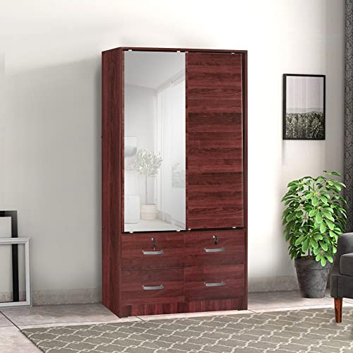 Better Home Products Sarah Double Sliding Door Armoire with Mirror in Mahogany