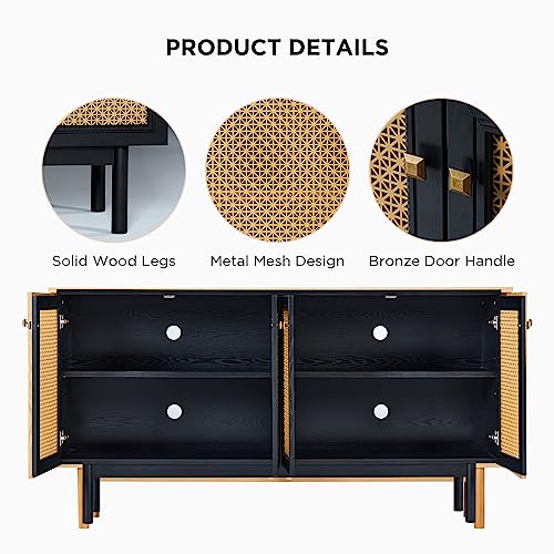 AMERLIFE 63'' Sideboard Buffets Cabinet, 2-Adjustable Shelves Storage Cabinet & 4 Doors, Large Accent Storage Credenzas for Living Room, Dining Room, Bedroom, Black,CBS002 102A