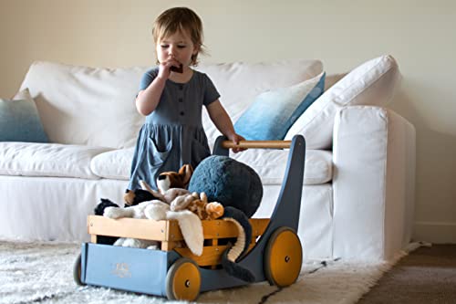 Kinderfeets 2-in-1 Wooden Cargo Walker Cart Wagon with Adjustable Rubber Wheels and Removable Basket for Children and Toddlers (Blue)
