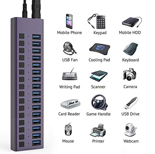 USB 3.0 Hub -16 Ports Powered USB Hub 90W USB Charging Hub with Individual On/Off Switches and 12V/7.5A Power Adapter and Lights for PC, Laptop, Computer, Mobile HDD, Flash Drive and More(Purple)