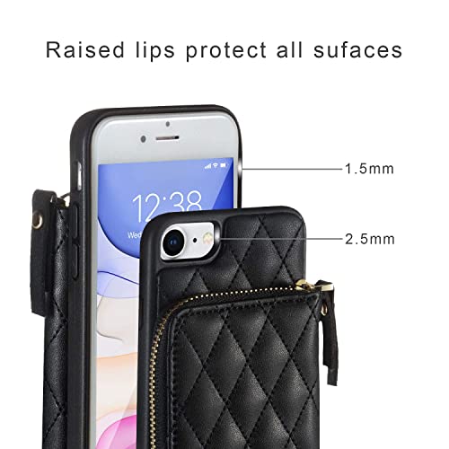 LAMEEKU Wallet Case Compatible with iPhone iPhone SE 2022 5G, iPhone 8 Case Wallet iPhone 7 Quilted Leather Card Holder with Crossbody Strap Wirstlet Shockproof Case for iPhone 8/7/SE 4.7"-Black