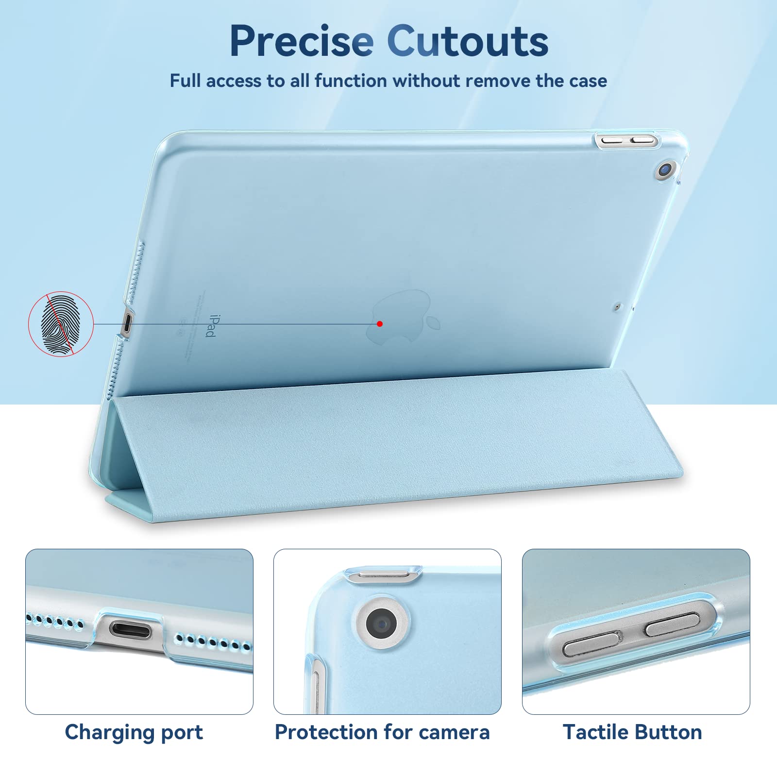 4UBonLife Case for iPad 6th/5th Generation Cases 9.7 inch 2018/2017, Slim Lightweight Hard Cover Stand Smart Case with Translucent Frosted Back Shell for Apple iPad 5/6 Gen,Auto Wake/Sleep,Light Blue
