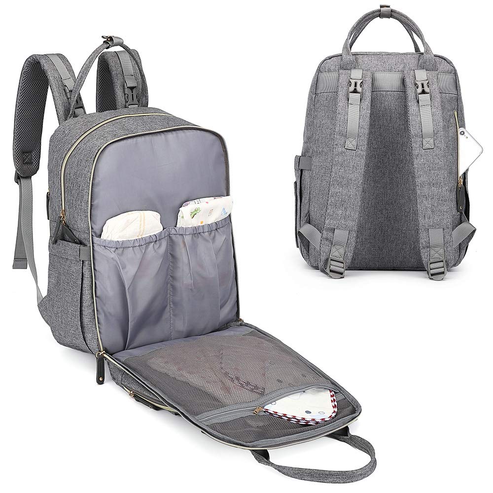 iniuniu Diaper Bag Backpack, Large Unisex Baby Bags Multifunction Travel Backpack for Mom and Dad with Changing Pad and Stroller Straps, Gray