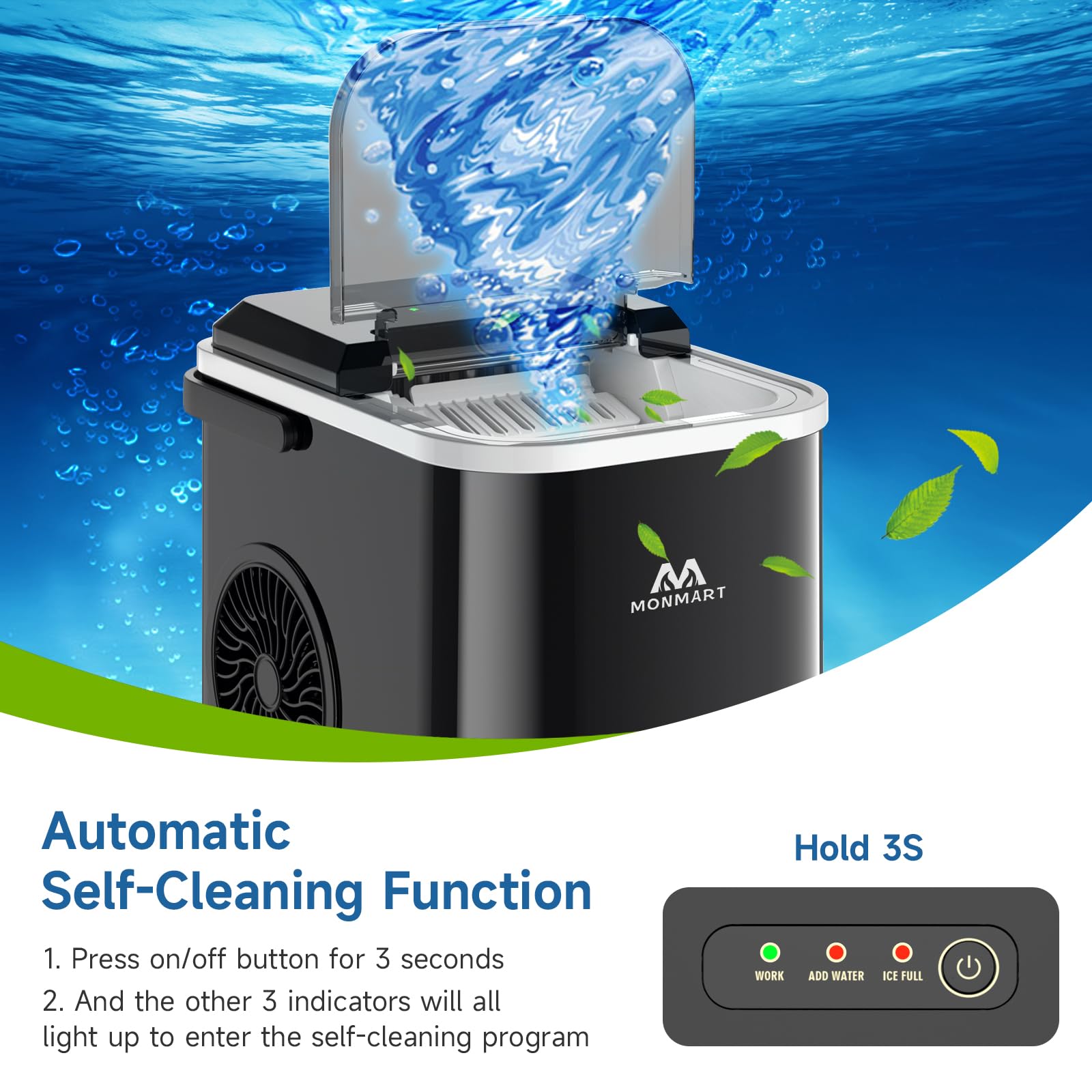 Ice Maker Countertop, Portable Ice Maker Machine with Handle, 26.5lbs/24Hrs, 8 Cubes in 6 Mins, Self-Cleaning Ice Makers for Home/Kitchen/Office/Bar