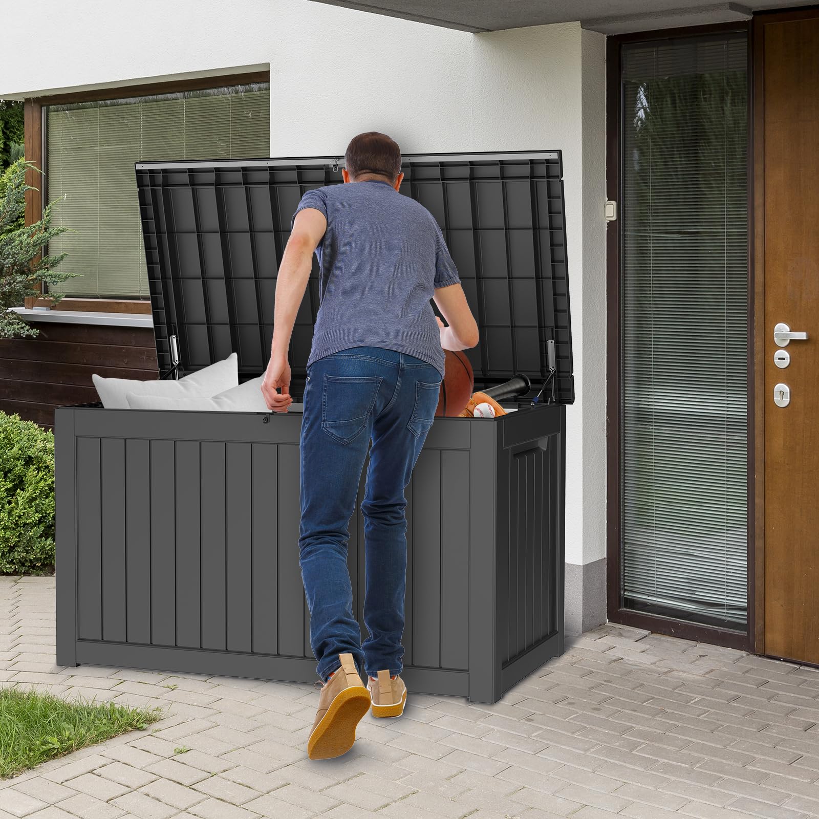 AMNOOL 230 Gallon Deck Box Waterproof Resin Large Outdoor Storage Box with Lid Lockable Side Table or Extra Seating for Patio Furniture, Patio Cushions, Gardening Tools, Pool and Sporting Goods