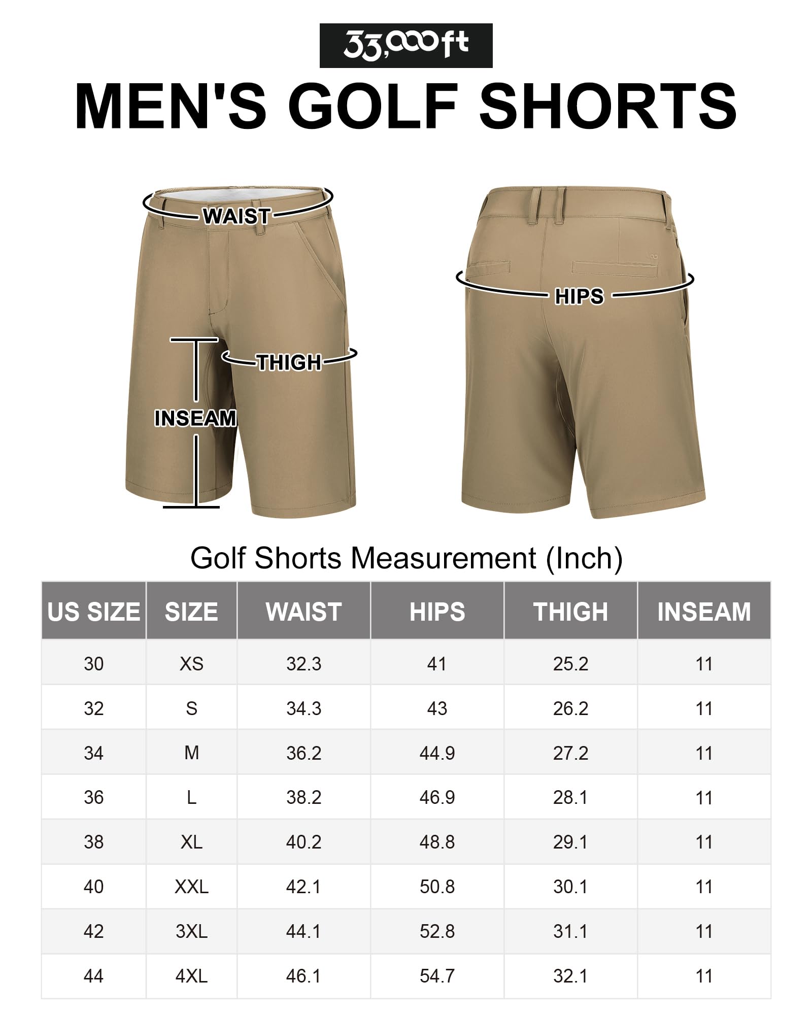 33,000ft Men's Golf Shorts Dry Fit, Lightweight Quick Dry Golf Stretch Shorts with Pockets 11" Inseam for Travel Casual