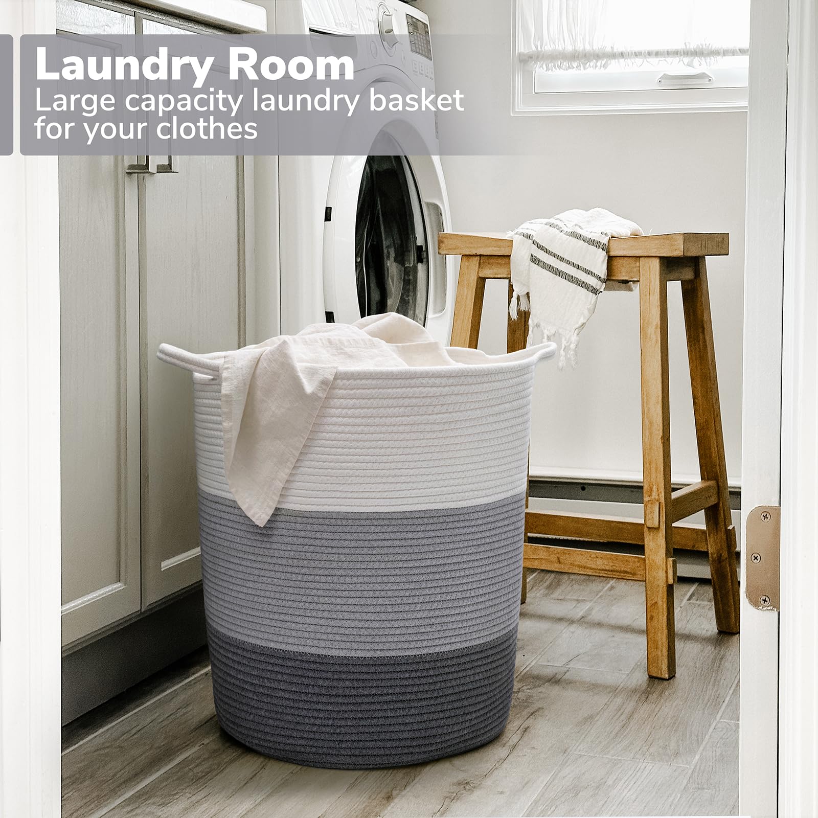 INDRESSME 17¾ x 15¾ x 13¾ inches Grey Baby Laundry Basket Thread Cotton Rope Basket Toy Storage Basket Organizer Tall Woven Basket Blanket Storage Baby Laundry Nursery Hamper for Living Room Toy Gifts