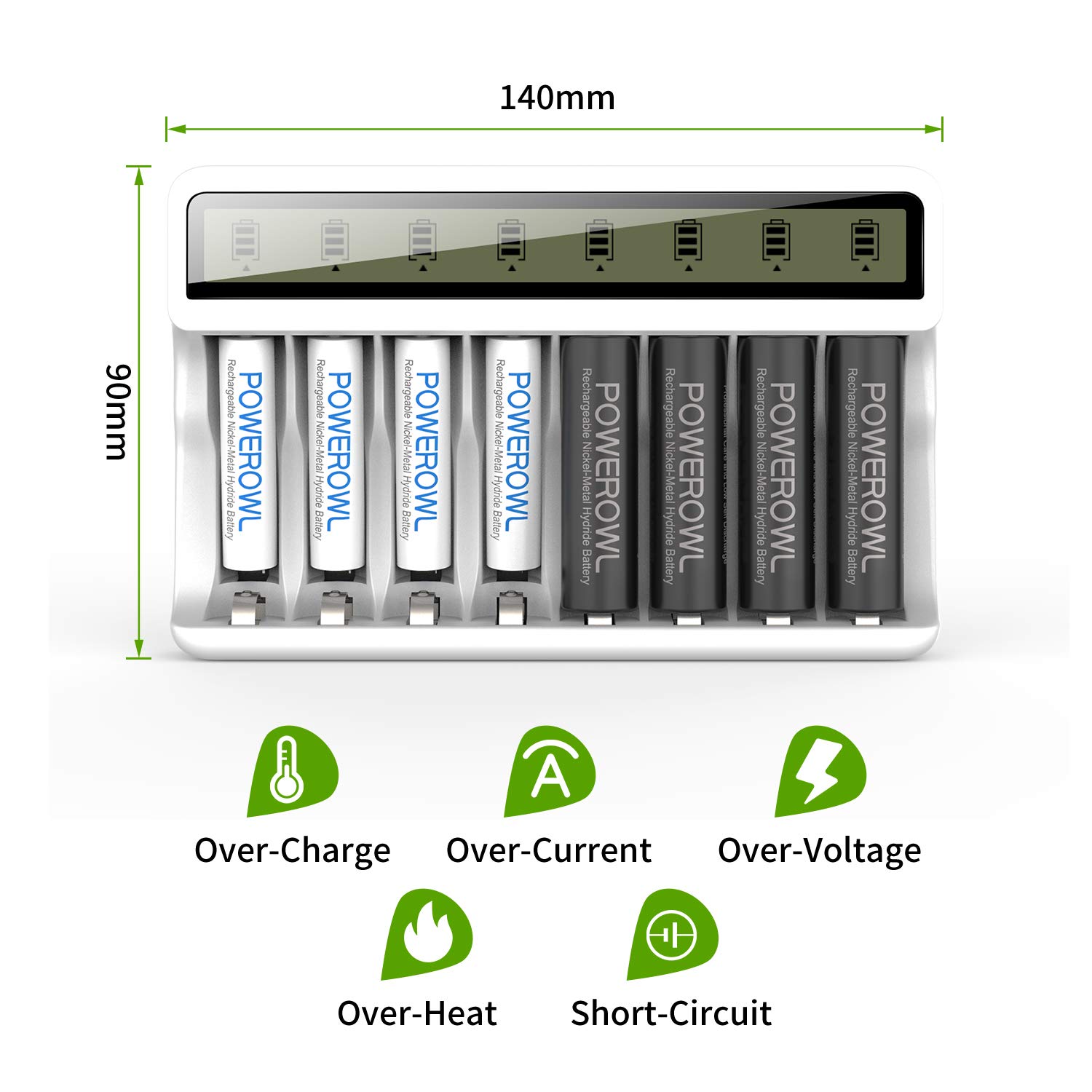 POWEROWL 8 Bay AA AAA Battery Charger with LCD Display (USB Quick Charging, Independent Slot) for Ni-MH Ni-CD Rechargeable Batteries