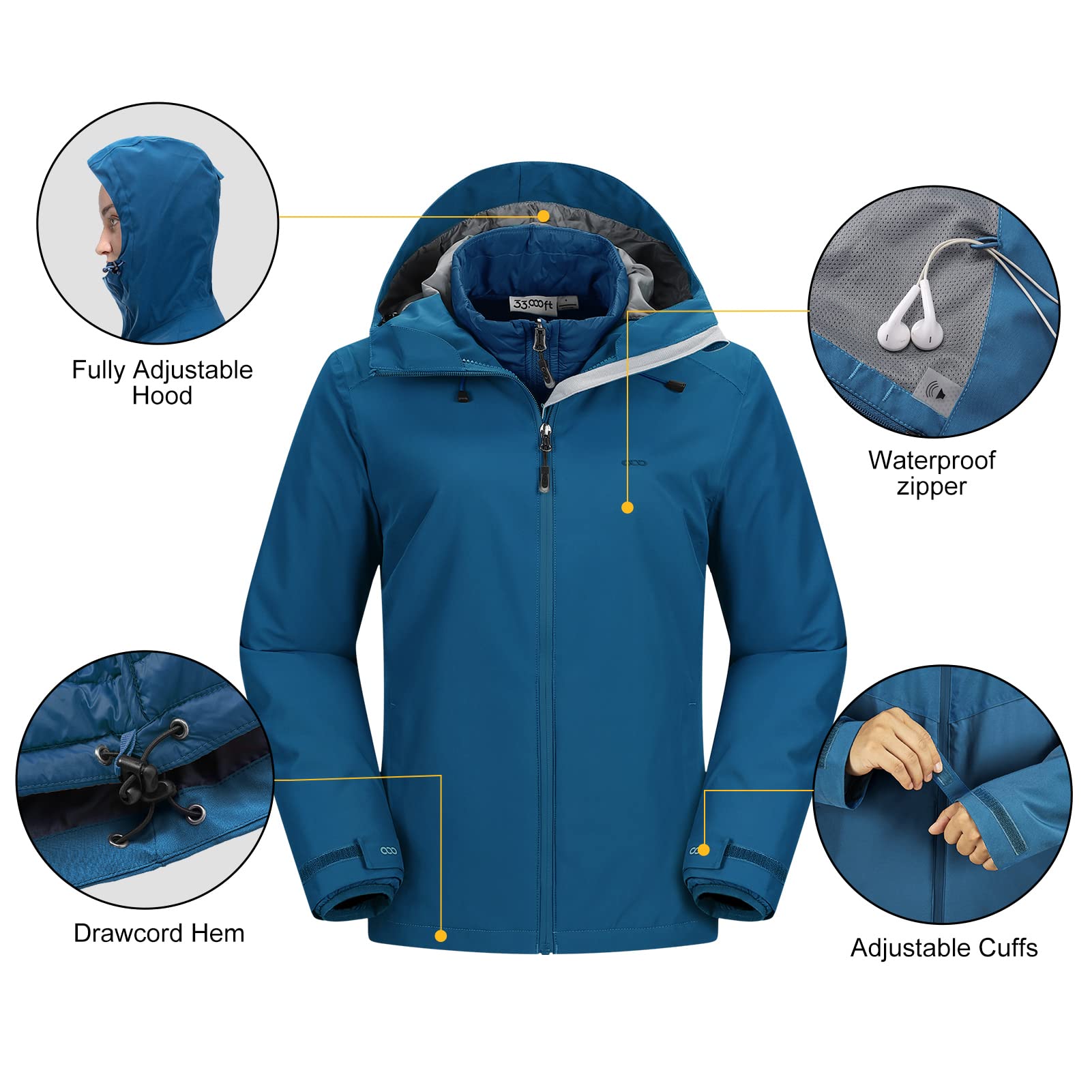33,000ft Women's Waterproof Ski Jacket Winter 3 in 1 Snow Coat Snowboarding Jackets Warm Insulated Raincoat