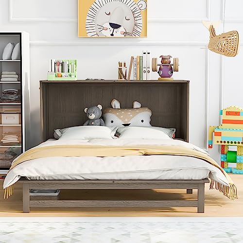 BIADNBZ Queen Size Murphy Bed Cabinet with Built-in Charging Station and Two Drawers,Versatile Foldable Bedframe with Storage for Bedroom Living Room, Space Saving, Antique Grey
