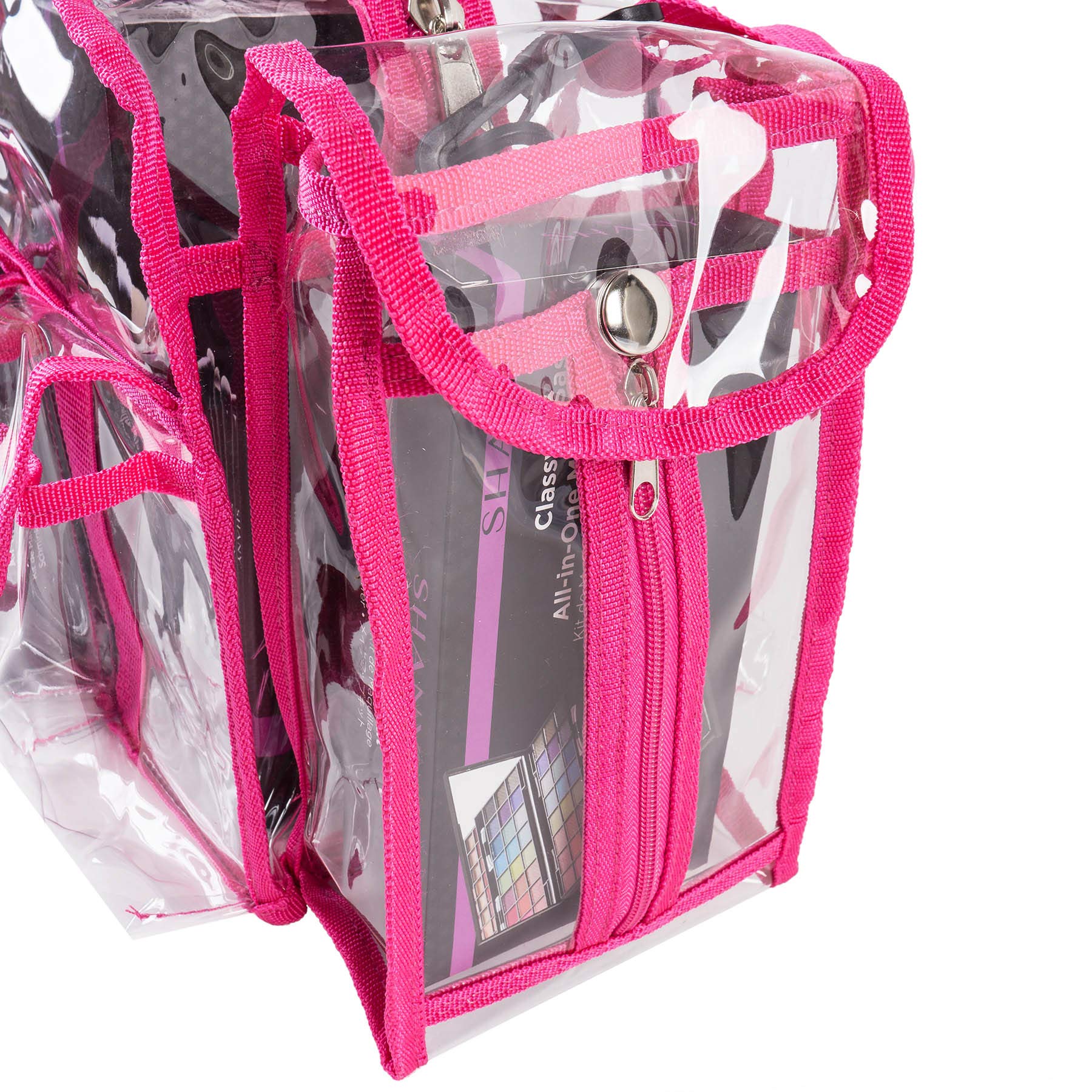 SHANY Clear PVC Makeup Bag - Large Professional Makeup Artist Rectangular Tote with Shoulder Strap and 5 External Pockets - PINK