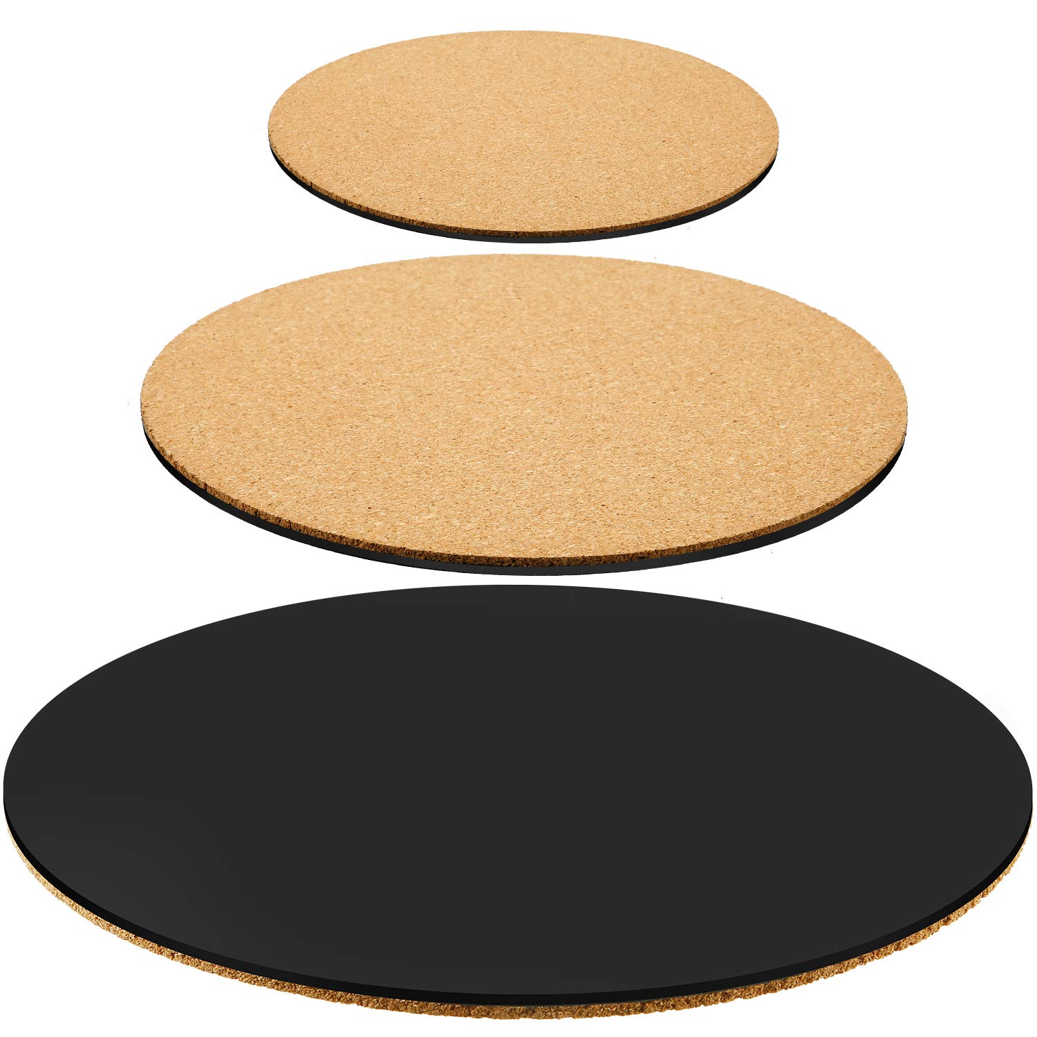 3 Pieces Cork Plant Mat Round Cork Plant Coasters DIY Cork Pad Plant Plate Pad for Gardening, Indoor and Outdoor Pots, DIY Craft Project (Nude and Black, 6 Inches, 8 Inches, 10 Inches)