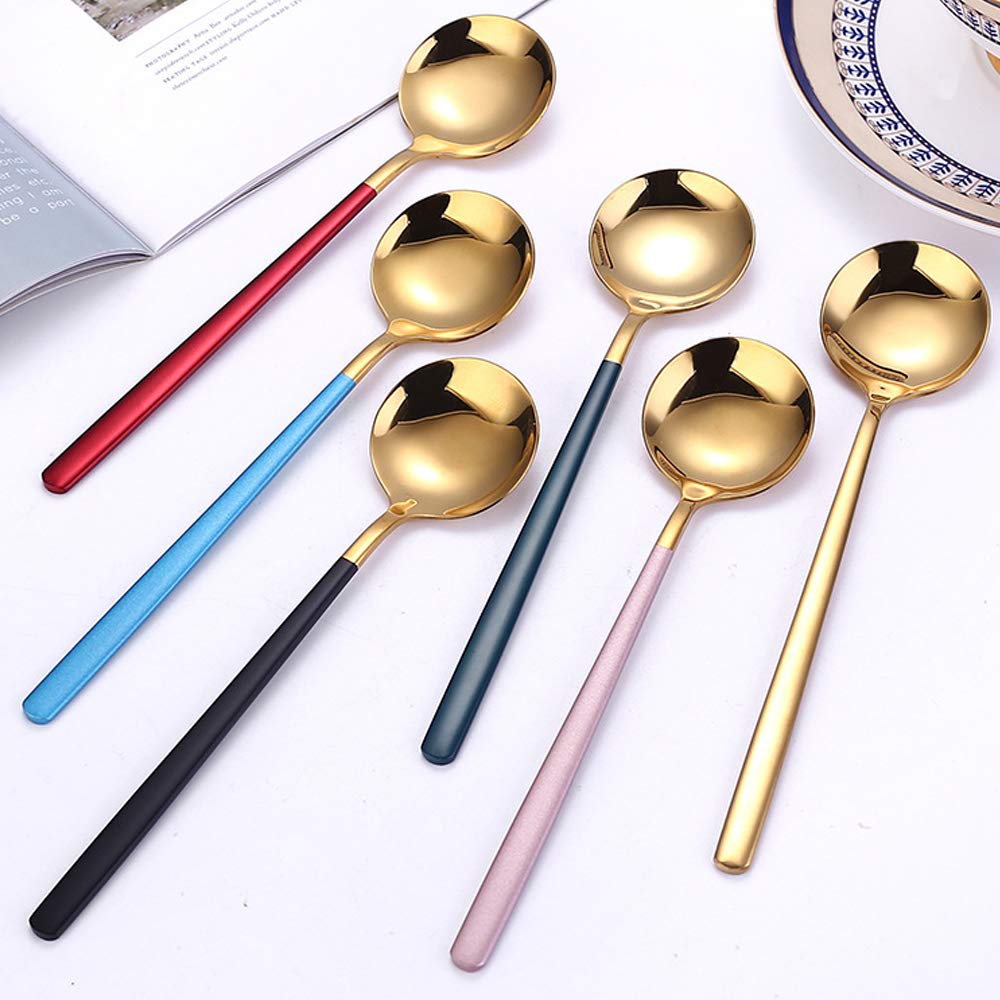 Spoons Cutlery, 18/10 Stainless Steel Korean Spoons 6 Pieces Soup Spoons (Green Gold)