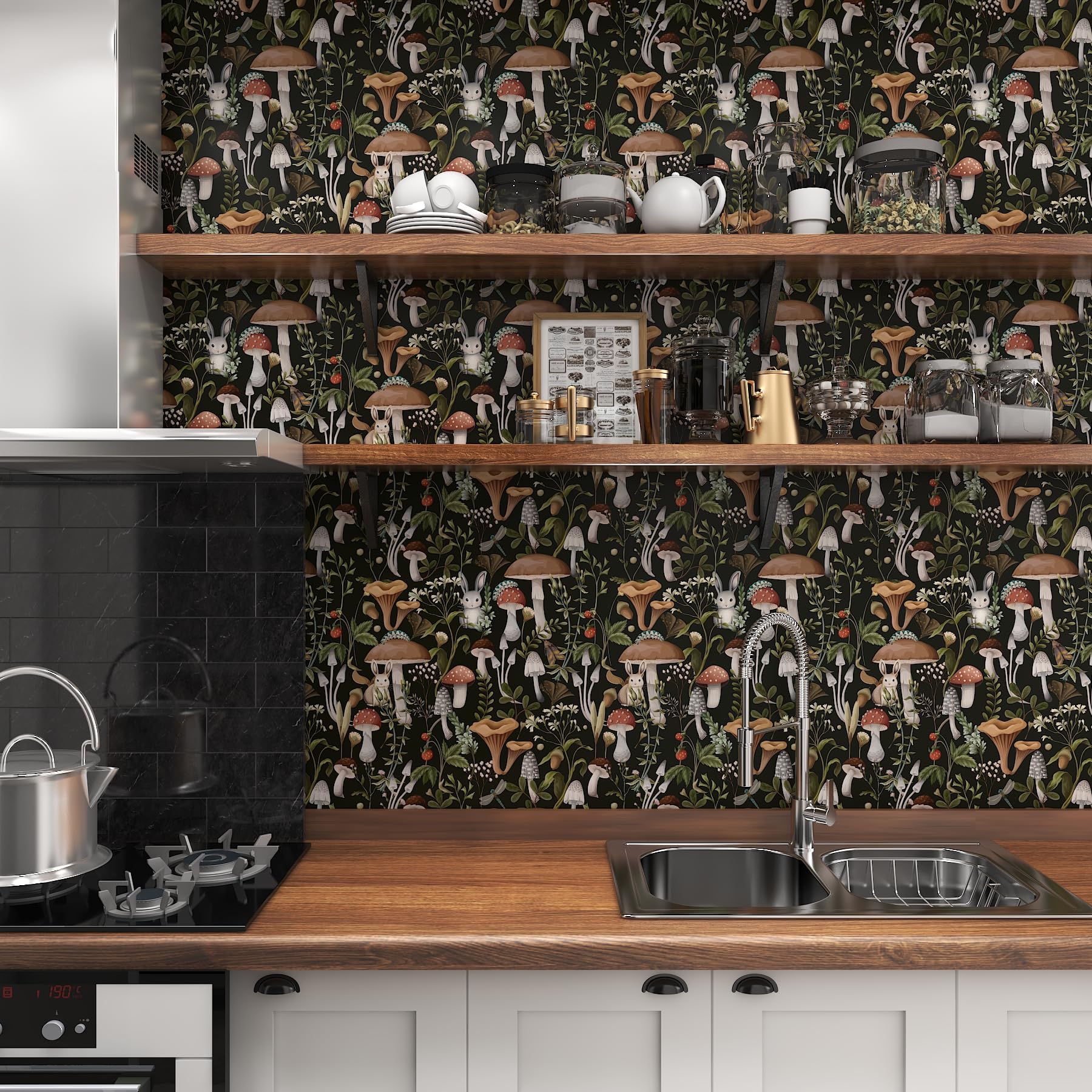 MILEPER Mushroom Wallpaper Peel and Stick Wallpaper Boho Black Wallpaper 17.7" x 78.8" Self Adhesive Removable Wallpaper Leaf Forest Wallpaper Mushroom Contact Paper for Countertops Decor