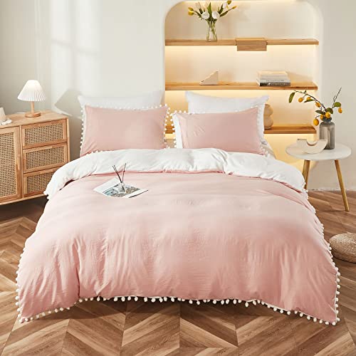 Bedbay Queen Duvet Cover Set Pink Bedding for Teen Girls Aesthetic Bedding Set Ball Pom Fringe Design 3pcs Ultra Soft Microfiber Duvet Cover Set(White&Pink,Queen)