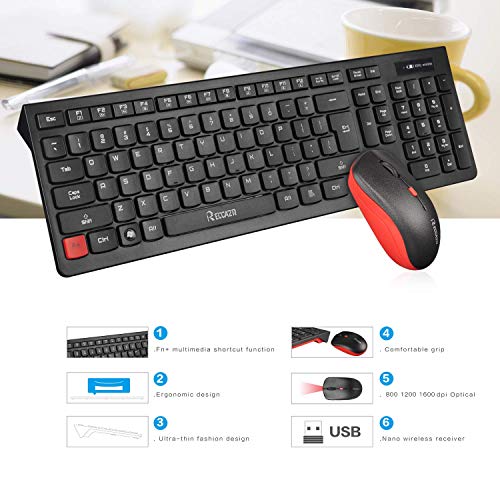 Wireless Keyboard and Mouse Combo ,DPI 1600, 2.4GHz Wireless Connection, Long Battery Life, Computer Keyboard and Mouse for PC, Desktop.Laptop, RECCAZR WC500 Design for Office and Home (Black)