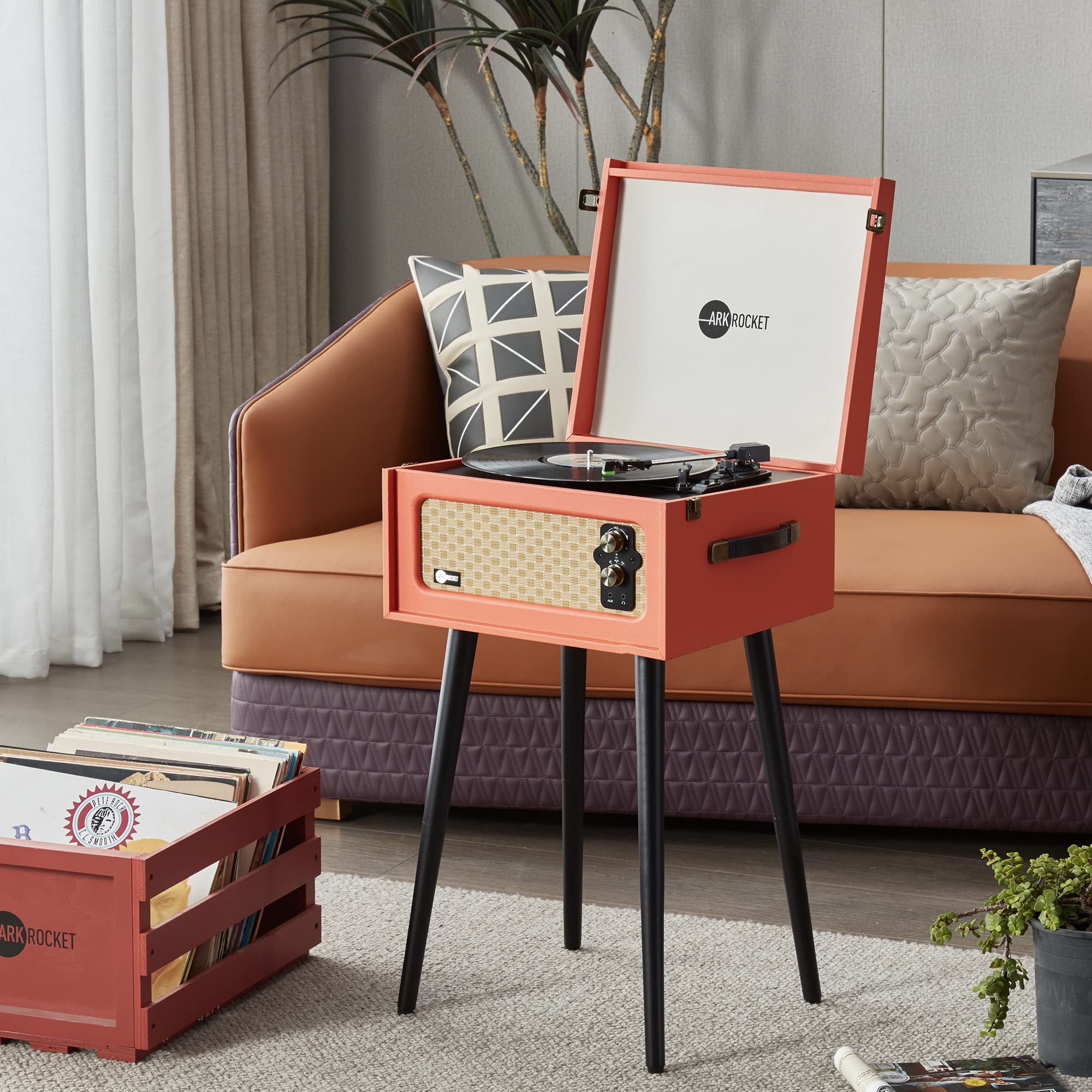 Arkrocket 3-Speed Bluetooth Record Player Retro Turntable with Built-in Speakers Rocket Moving Magnet Cartridges and Removable Legs (Orange)